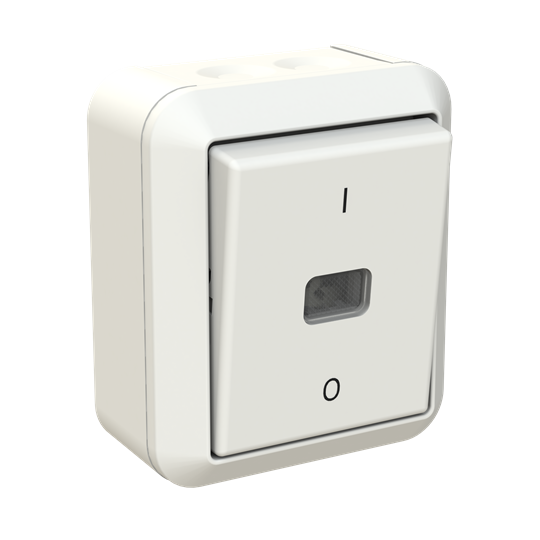 2-pole 1-gang 1-way switch, Jussi IP44, 2 X-terminals, lens, "1/0 ...